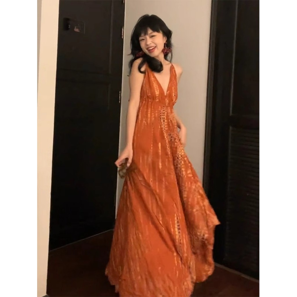french styleDesign Orange Red Sling Dress 2025 Summer High-End French ...