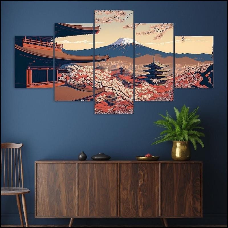 Hiasan Rumah Moden: Seni Dinding Kanvas Berbingkai 5 Keping Gunung Fuji ...