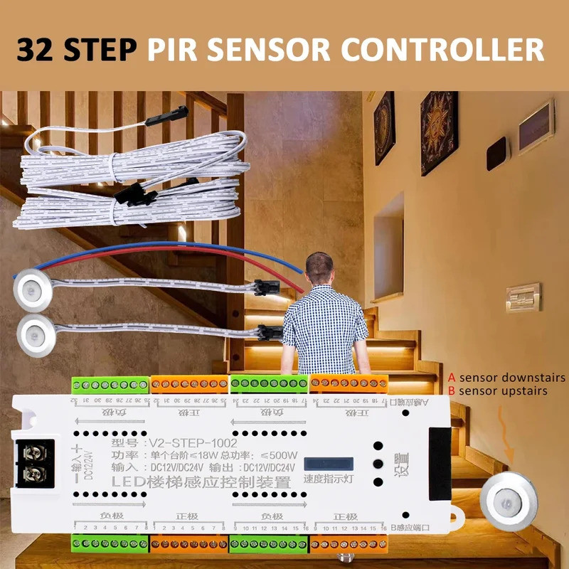Stairway Lighting LED Motion Sensor Automatic Stair Light Controller Kit DC 12V 24V 32 Channels ...