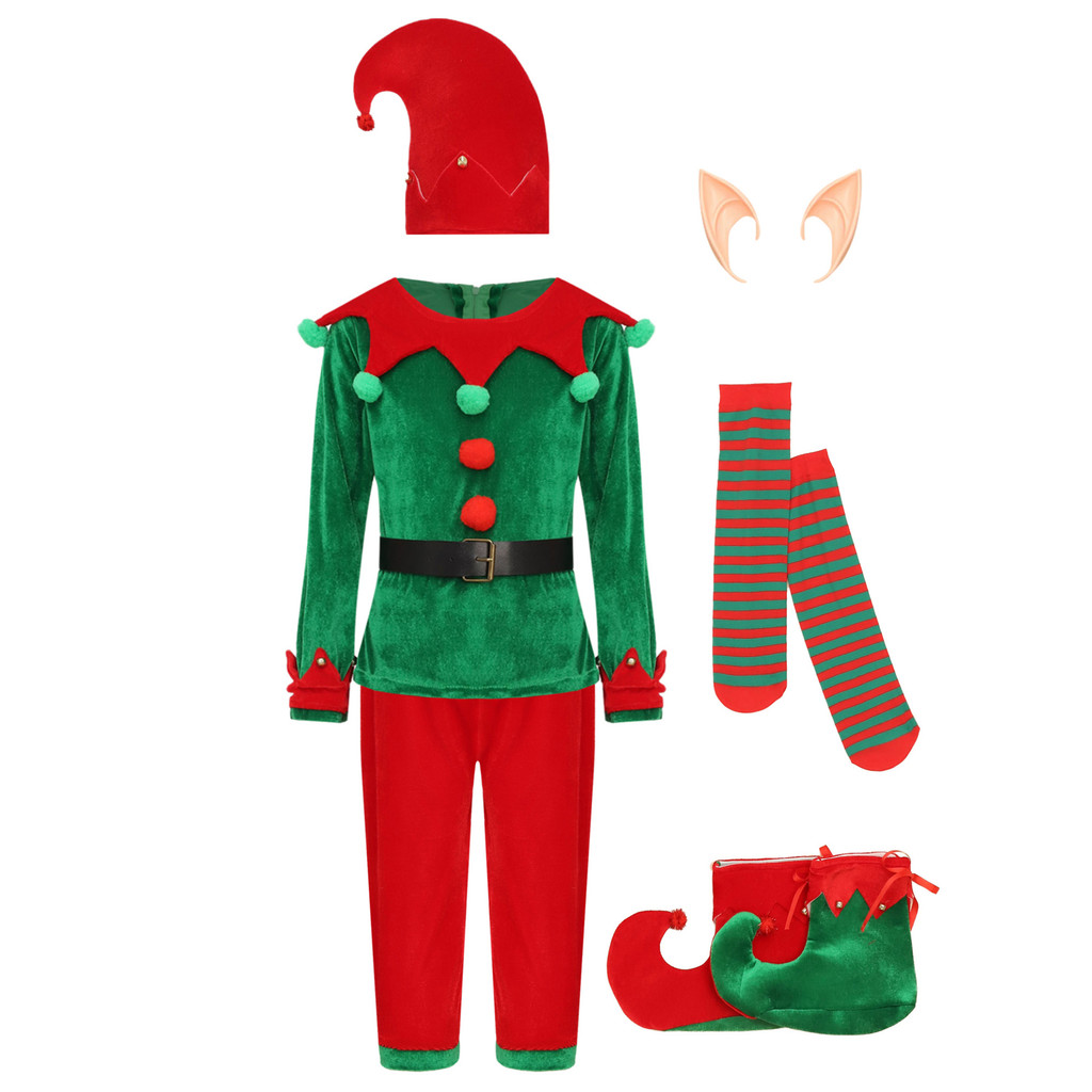 zz - #100-160 7Pcs Boys Cute Christmas Elf Costume Set Shirt Top with ...