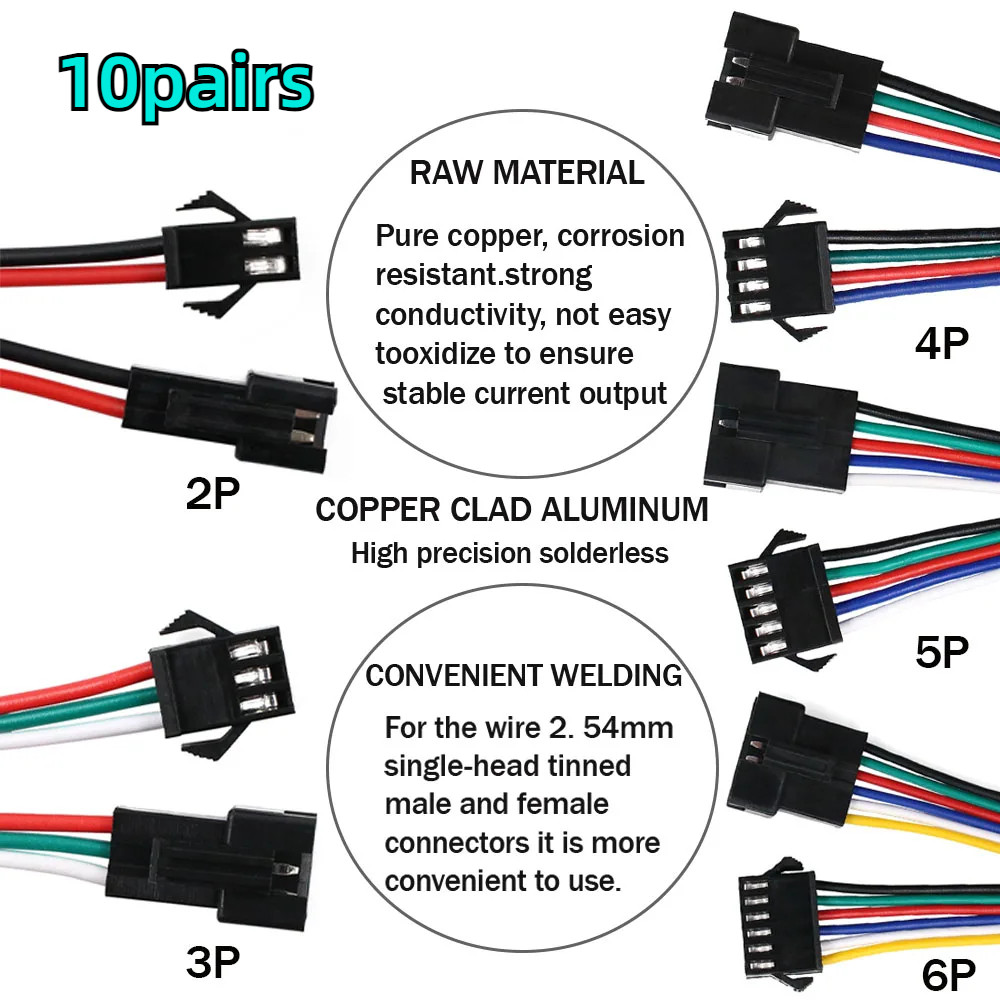 10Pairs JST SM 2P 3P 4P 5P 6Pin Plug Socket Male to Female Wire Connector LED Strips Lamp Driver ...