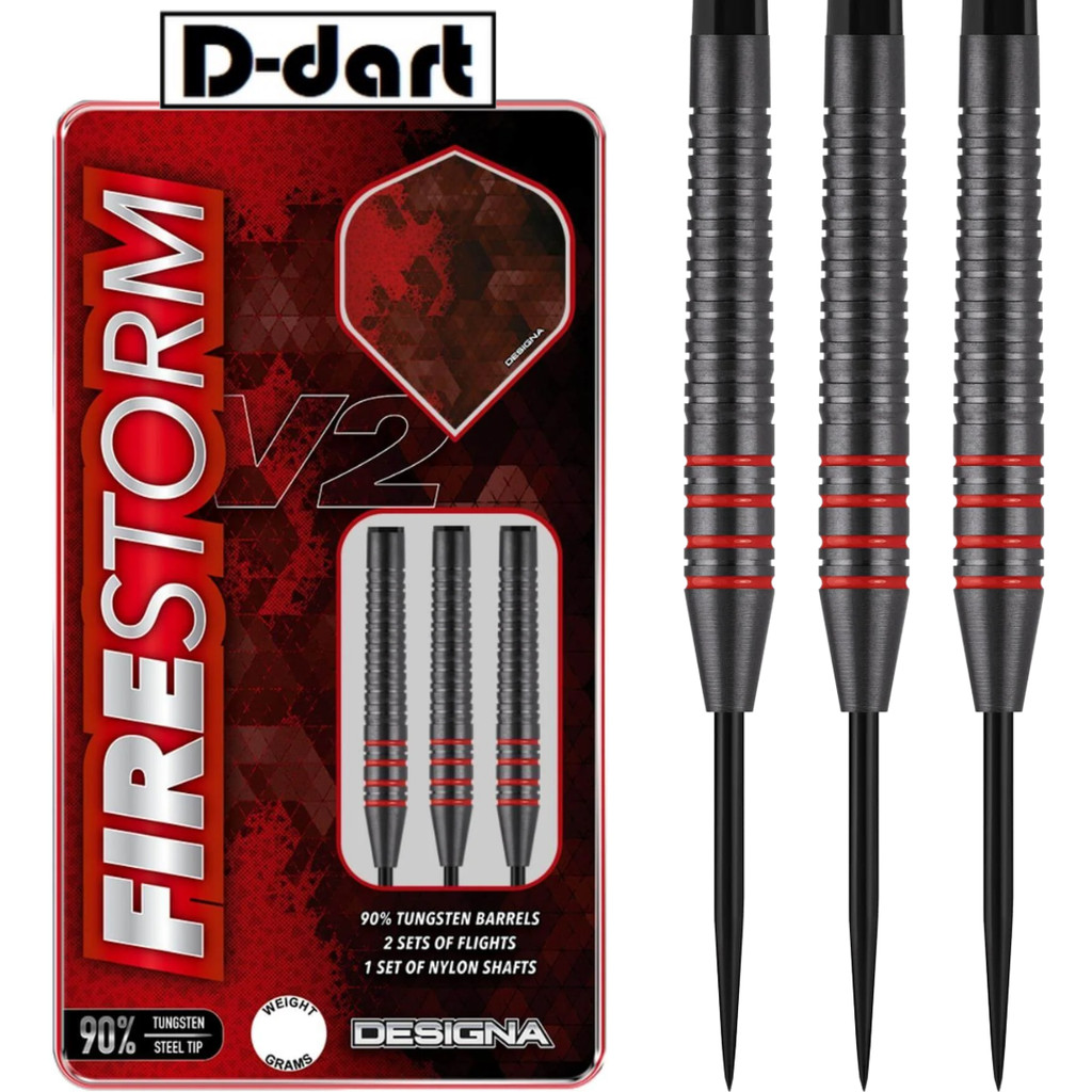 DESIGNA STEEL TIP DARTS - 22G/24G FIRESTORM V2 RINGED BLACK 90% ...