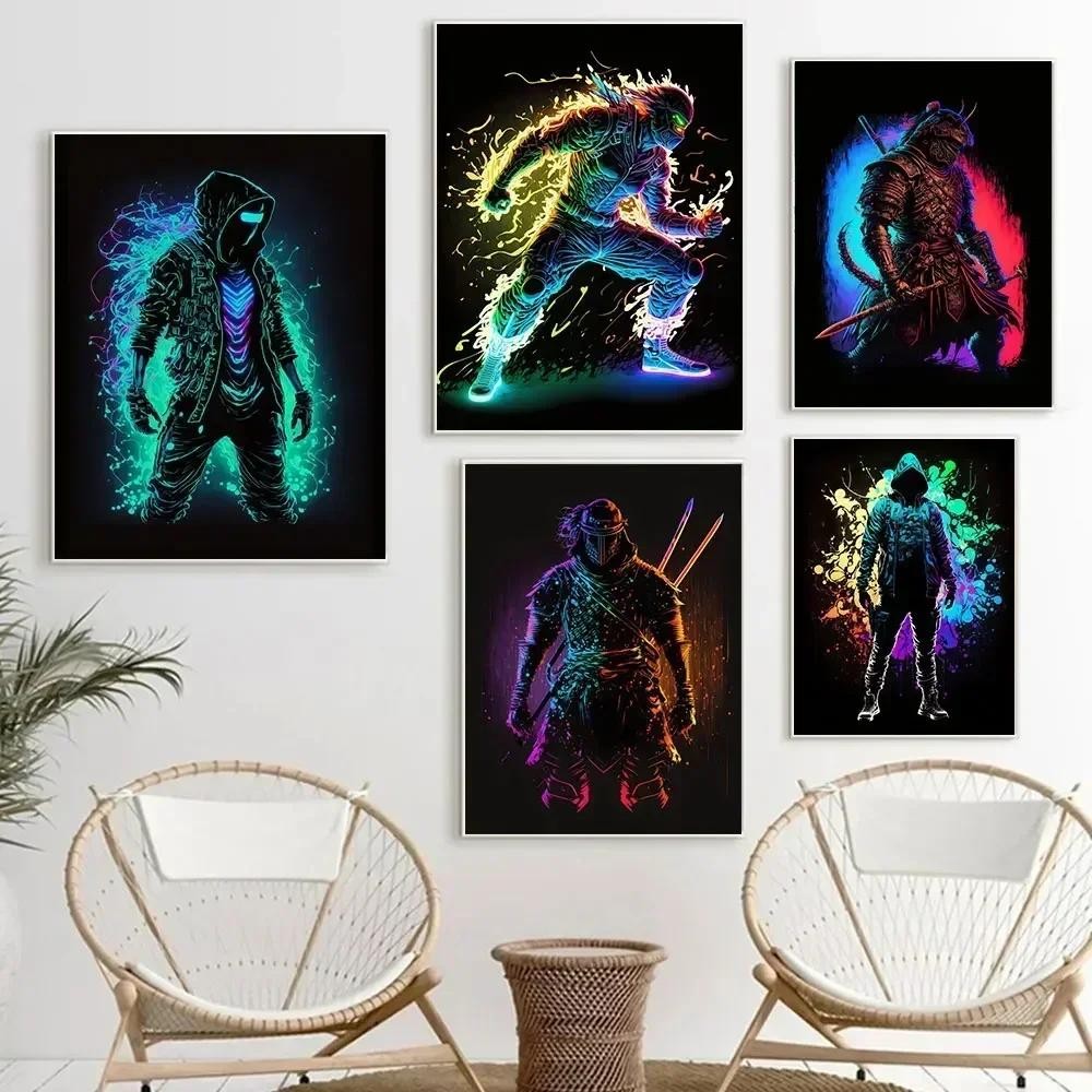Seni Dinding Kanvas Samurai Neon yang Meriah - Poster Anime Pejuang ...