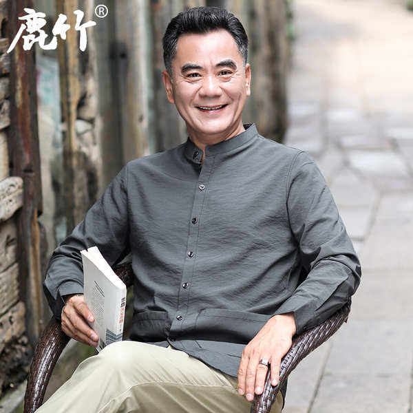 Baju lengan panjang musim bunga ayah pertengahan umur, kemeja Cina baru ...