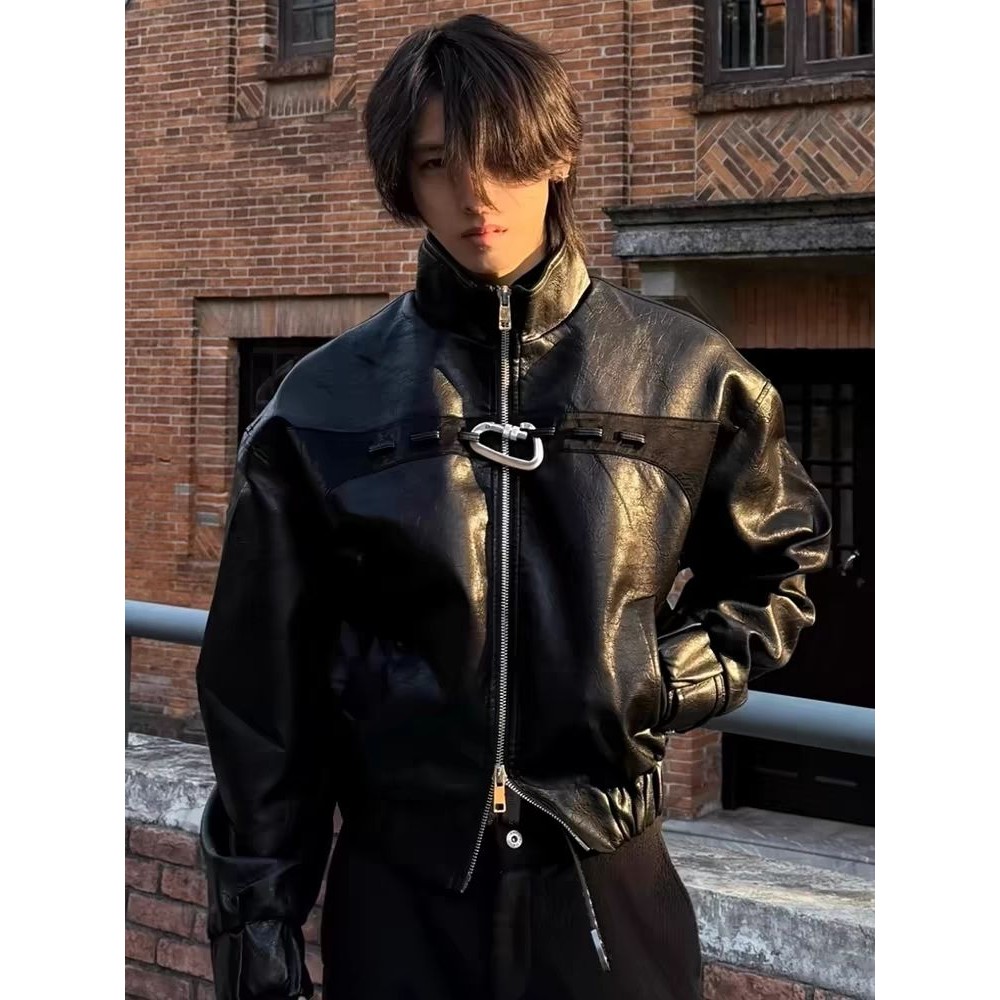 American Street Wear High Street Wrong Button Black Leather Jacket ...