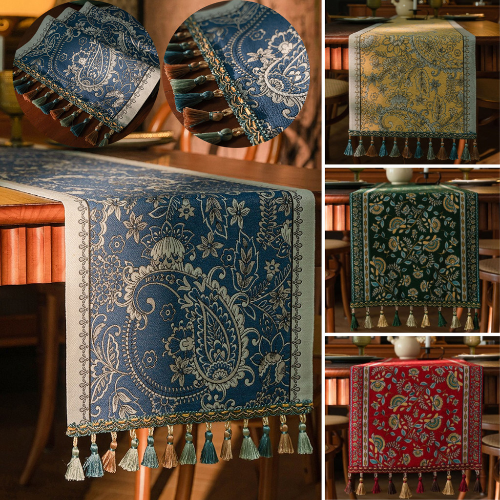 Retro Jacquard Table Runner with Tassels Sunflower Embroidery Table ...