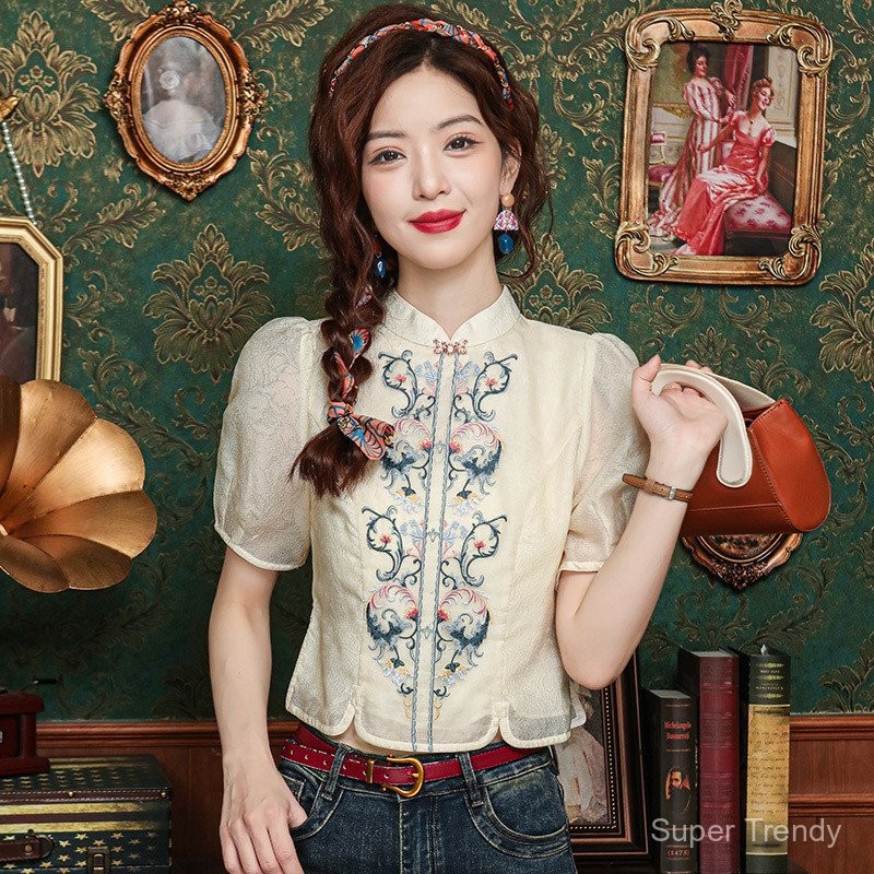 Modern Filipiniana Ladies Barong Puff Sleeves Chinese Collar Embroidery ...