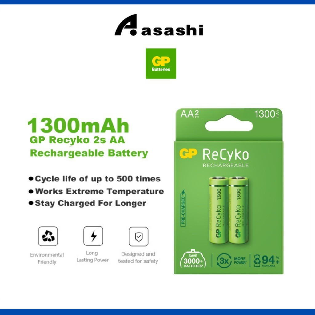 GP ReCyko Rechargeable Batteries AA (1300mAh x 2/Pack) | Shopee Malaysia