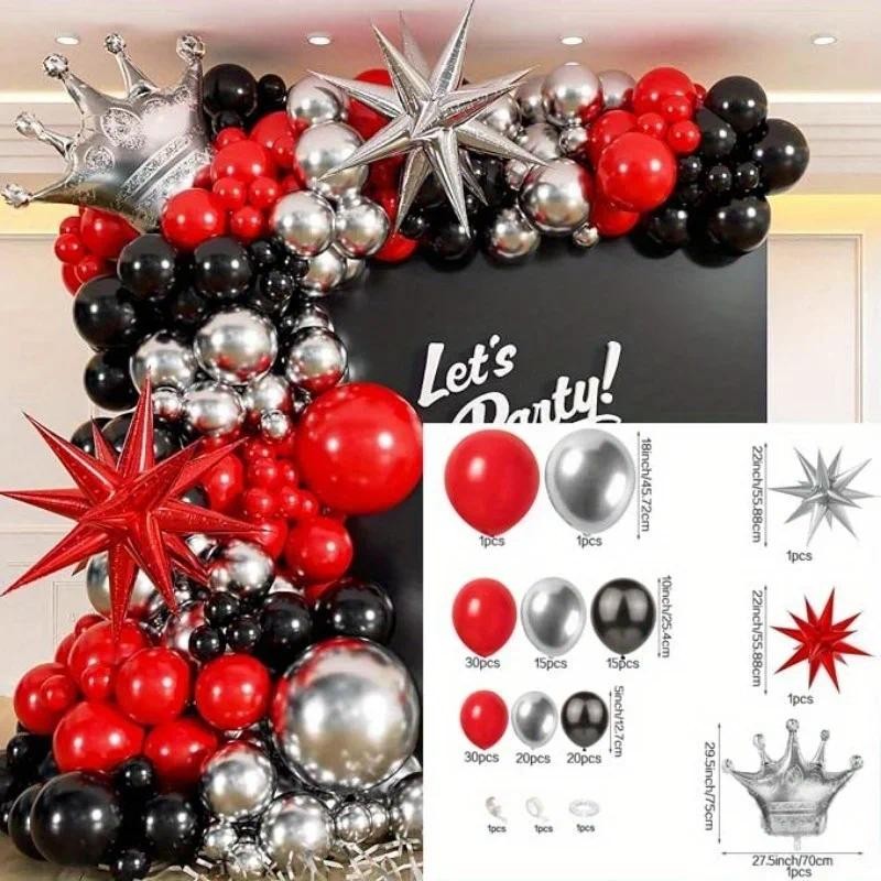 138pcs Crown Balloon Arch Set: Red, Black, Silver Balloon Explosion ...