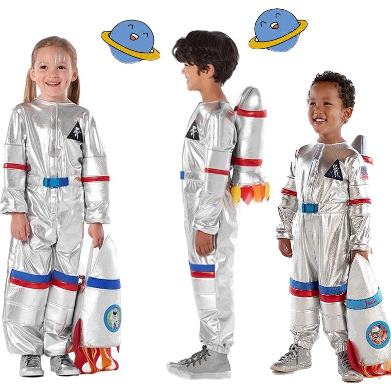 Silver Astronaut Costume for Kids Boy Girl Pilot Space Suit Bodysuit 3D ...
