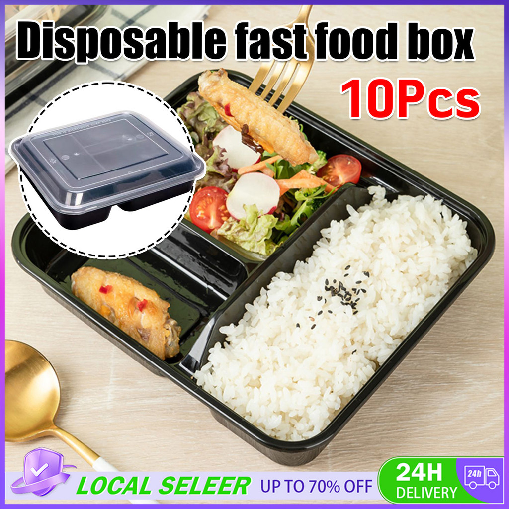 10Pcs Black With Lid Disposable Food Container Large Capacity Kitchen ...