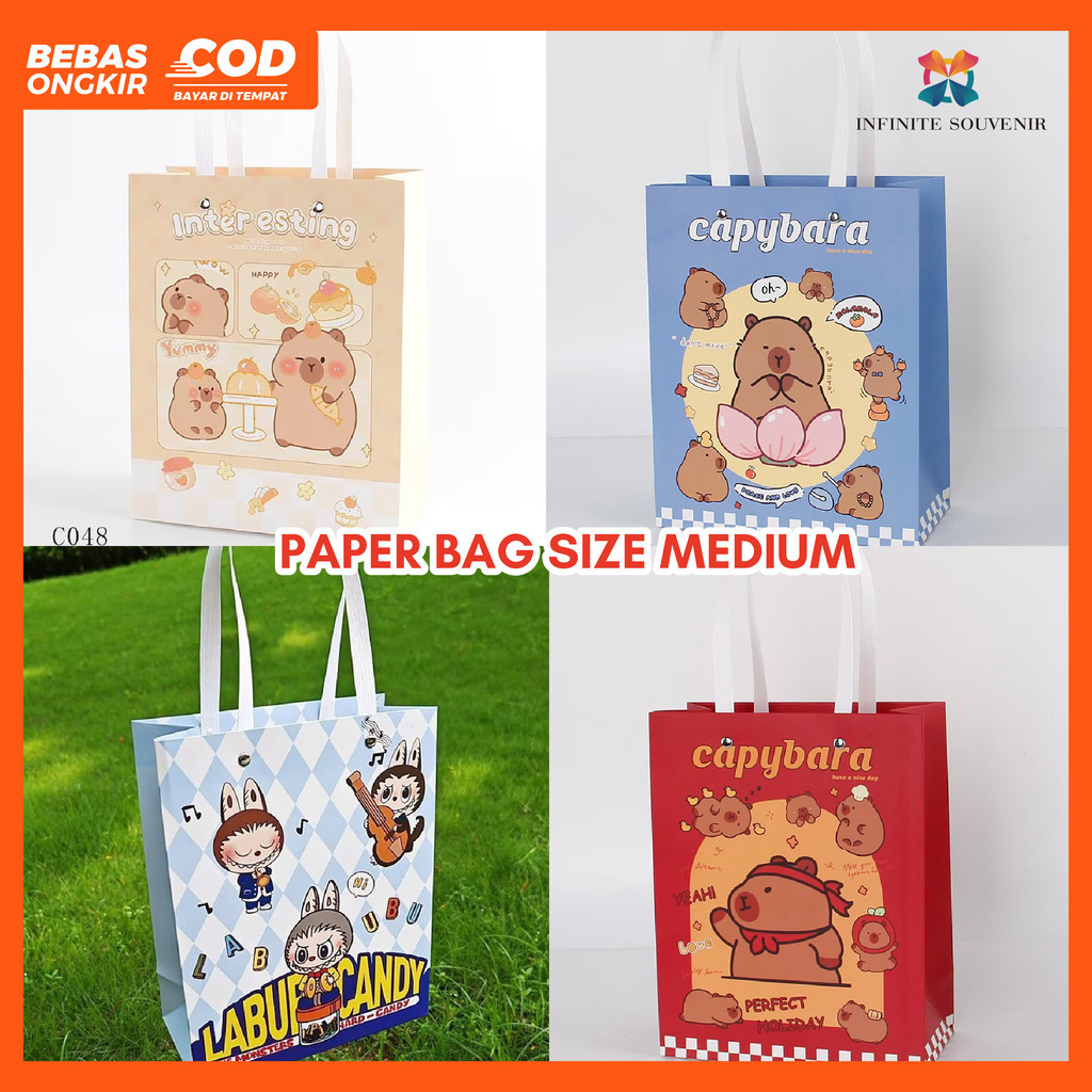 Capybara / Labubu Paper Bag Size 25 x 21 x 10 cm / Flower Motif Paper ...