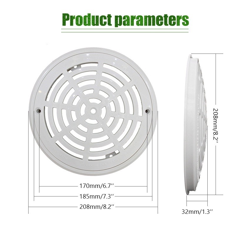 8Inch Pool Main Drain Cover the Top Grate Bottom Mounting Plates White ...