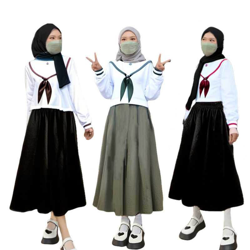 Muslimah JK Uniform Sets Scarf Tie Sailor Collar Blouse + A-Line Long ...