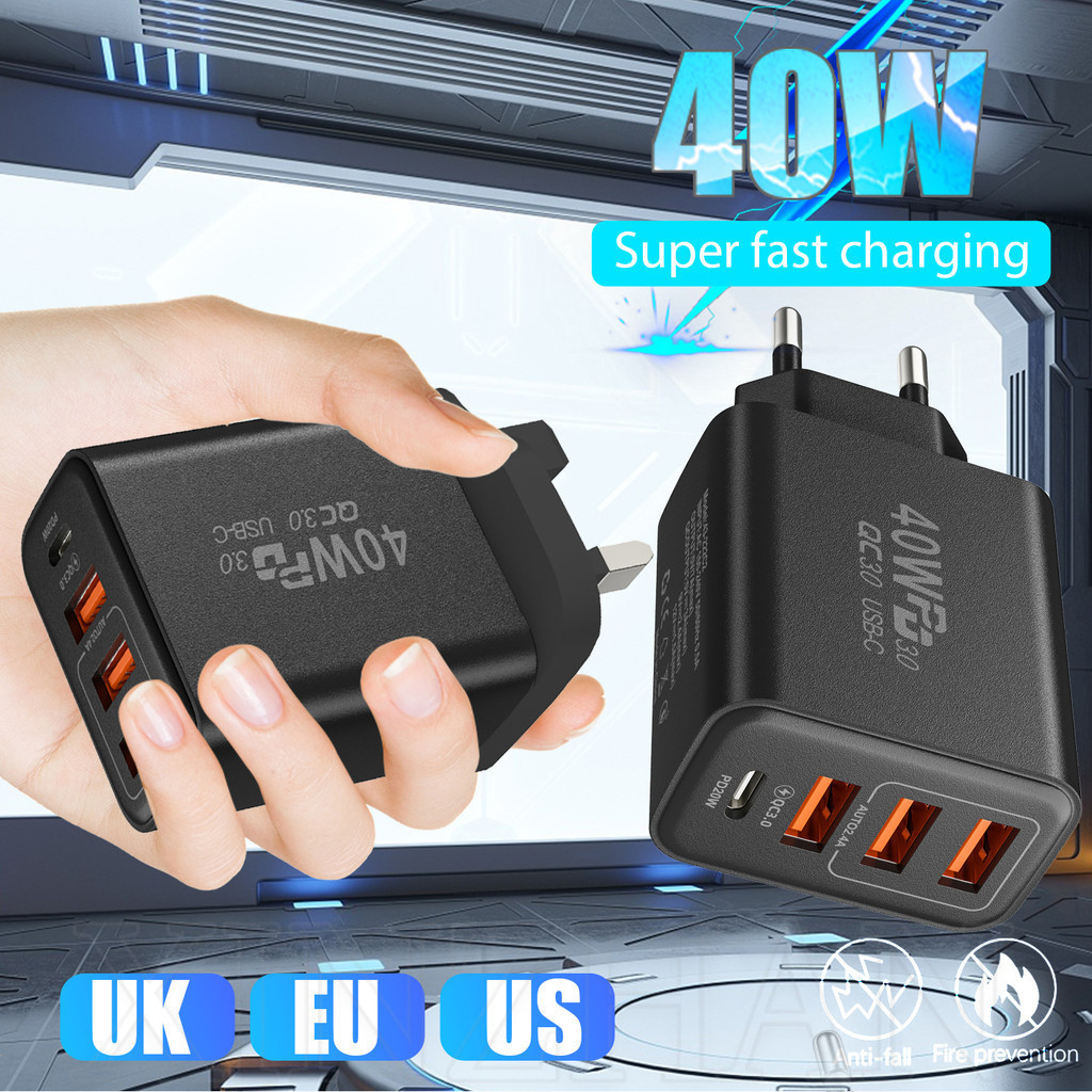 40W 4 Ports USB Type C Charger - Travel Wall Plug with Cable - QC3.0 PD ...
