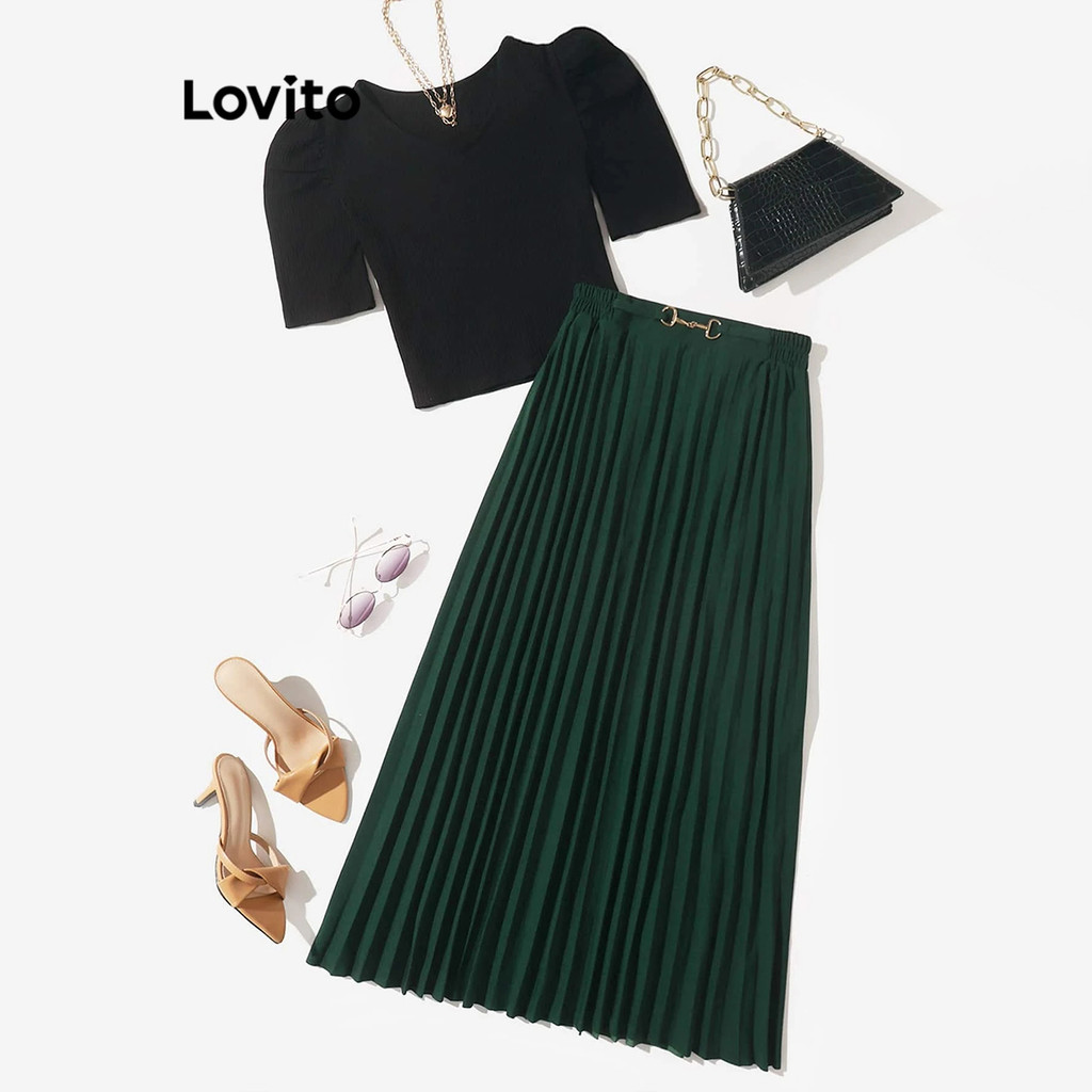 Lovito Elegant Plain Pleated Metal Tops or Bottoms for Women LBL18541 ...