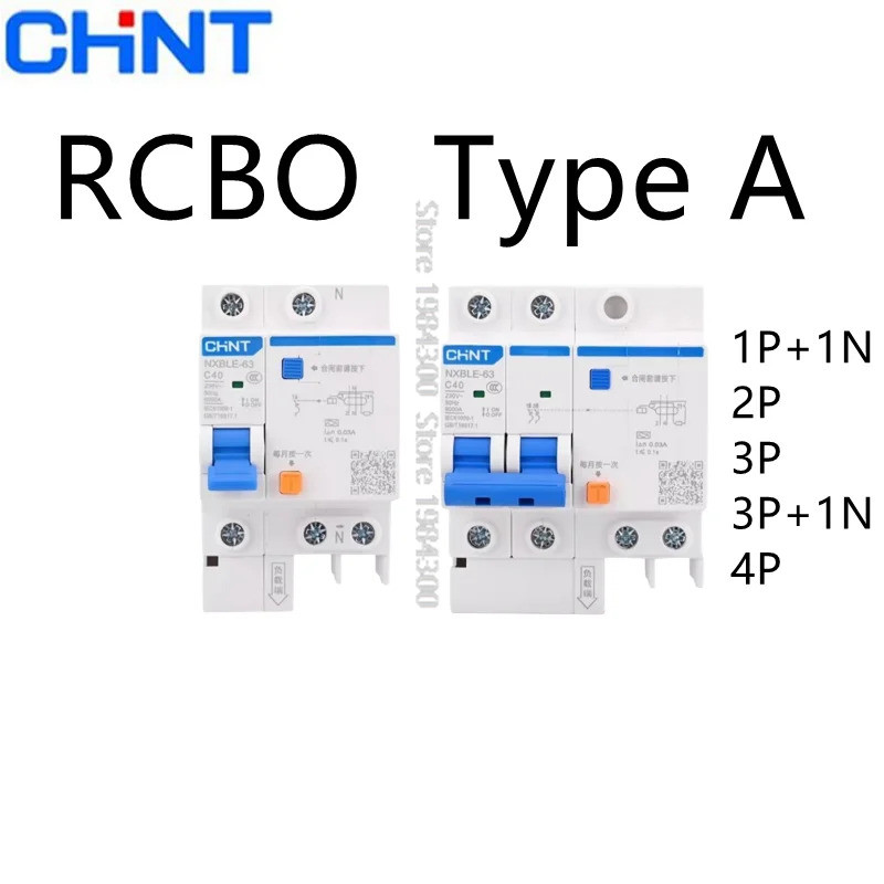 CHINT NXBLE Type A RCBO 30mA 2P 4P 3P+1N 1P+N 20A 25A 32A 40A 63A With ...