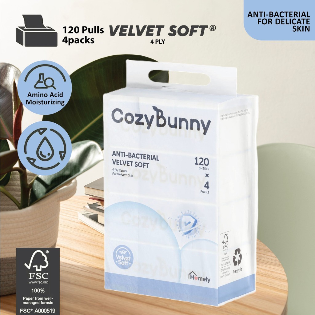 CozyBunny Velvet Soft Antibacterial Face Tissues (Homely) 4 Packs x 120 ...