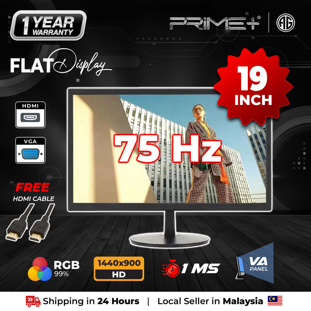PC Monitor 19 Inch 75Hz Refresh Rate HD Flat VA Panel LED Computer ...