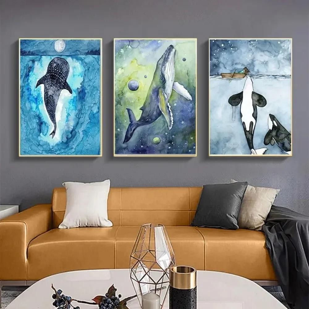 Lukisan Kanvas Haiwan Laut Nordic - Ikan Paus, Bot, Reka Bentuk Kartun ...
