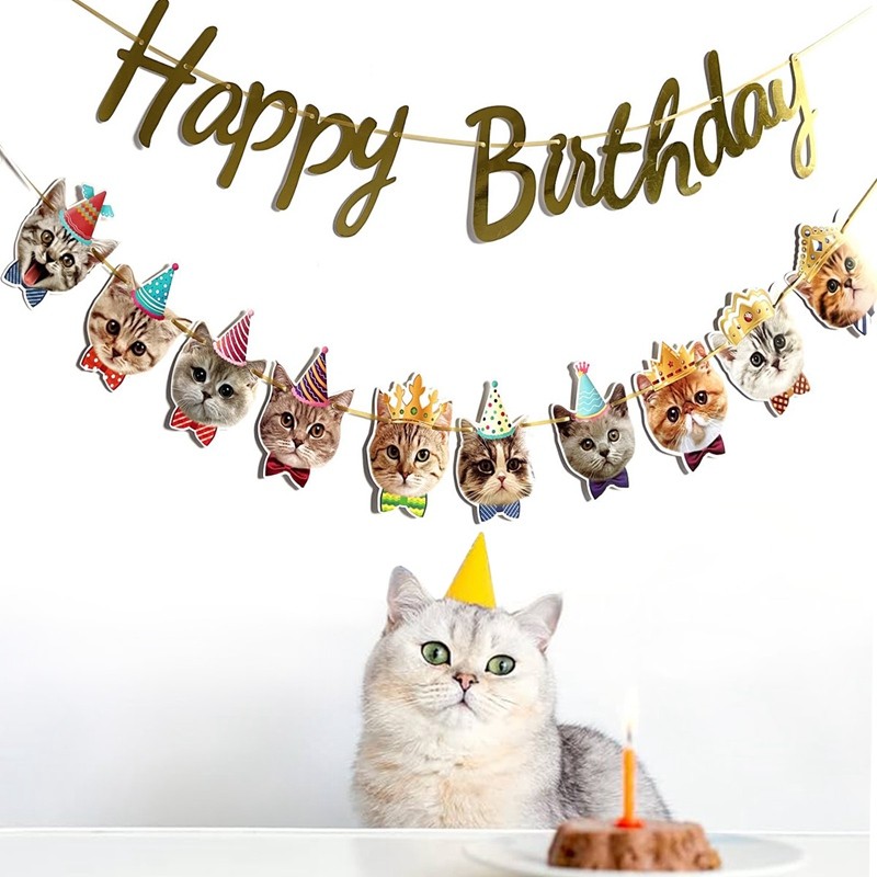 1 Set Cat Pattern Pulling Flag Gold Glitter Cat Happy Birthday Banner Decorations For Pet Kitten ...