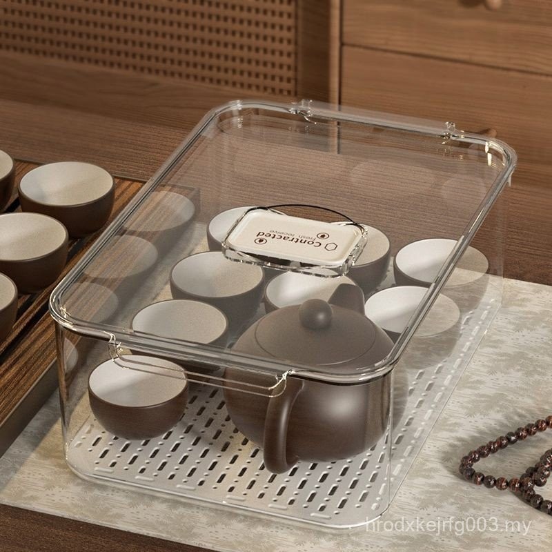 Tea Set Storage Box with Lid Anti-dust Transparent Coffee Table Desktop ...