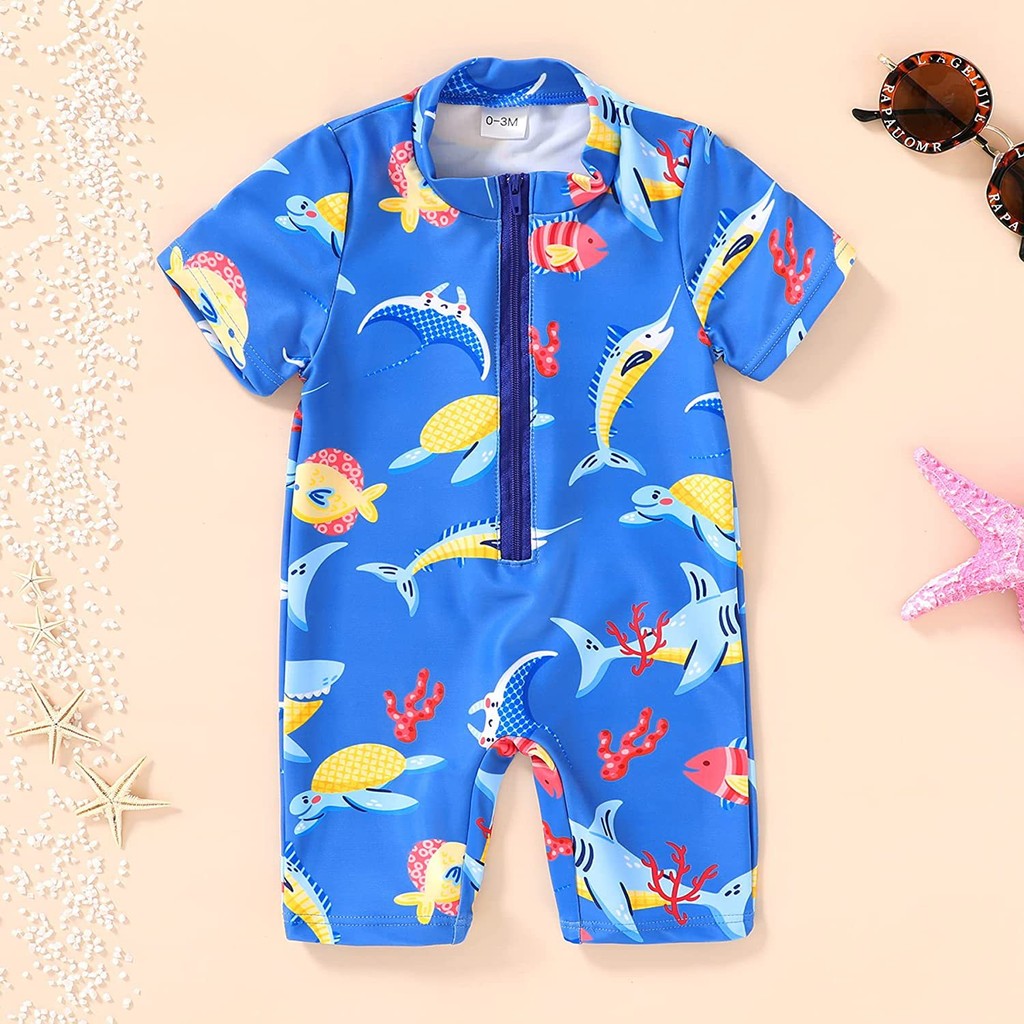 Noli-Baby Boy Short Sleeve Swimsuit Round Neck Crab Hippo Print Zip UP ...