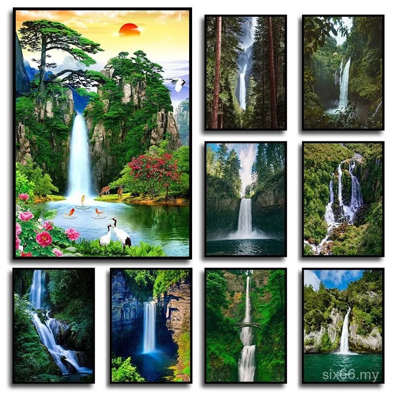 Stunning Waterfall Landscape Canvas Painting Green Nature Scenery Wall ...