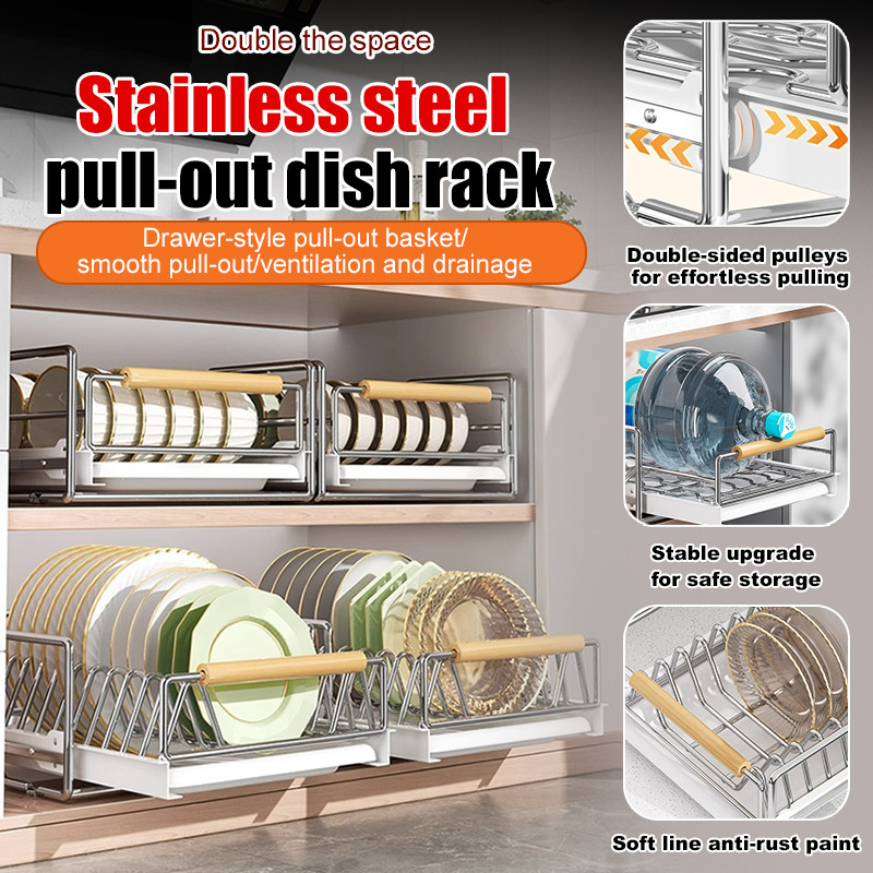 [Smooth Pullout Ventilated Draining] Kitchen Dish Organizer Drawer Rack ...