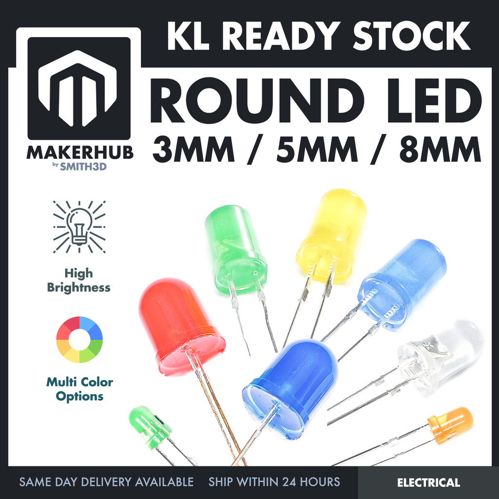 Round Head LED 3mm / 5mm / 8mm - Red/Yellow/Blue/Green/White | Shopee ...