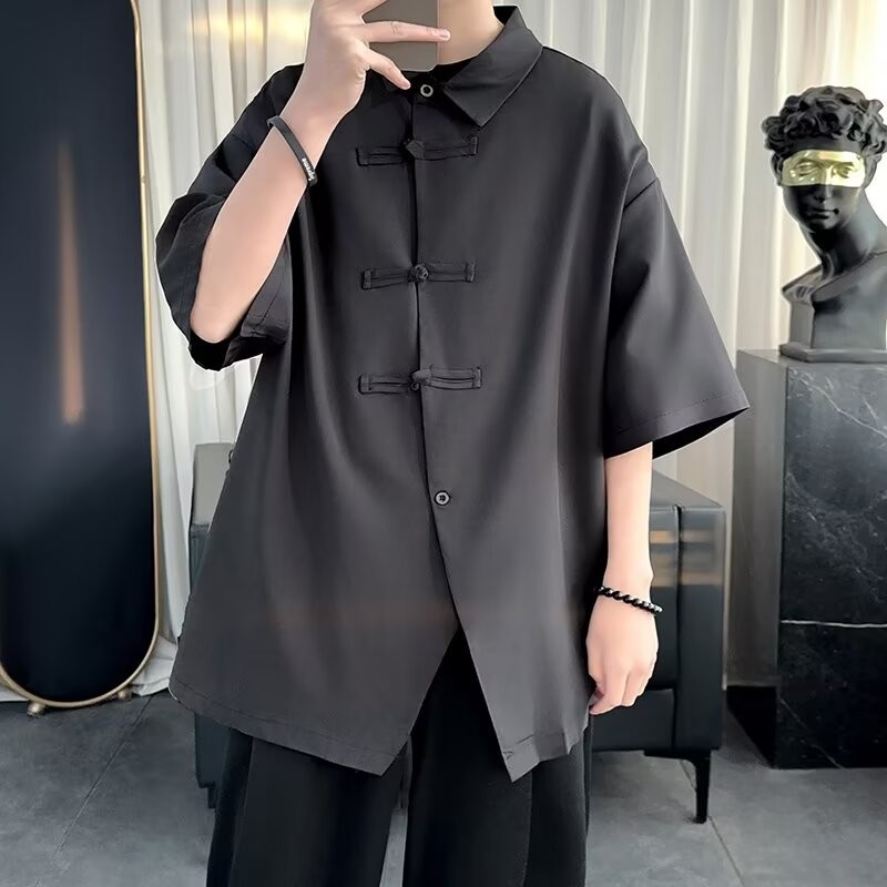 Summer ice silk buckle Hanfu men's short sleeved shirt Chinese style ...