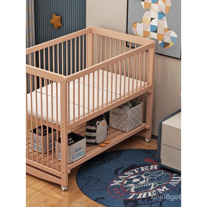 Hongyan Beech Crib Children's Bed Splicing Bed Diaper Table with Guardrail Push-Pull Shaker Bed ...