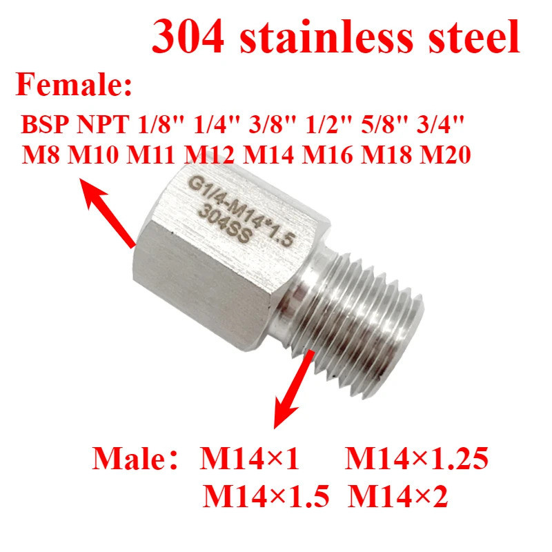 M14 Male to Female Hex Reducer – 304 Stainless Steel, High Pressure ...