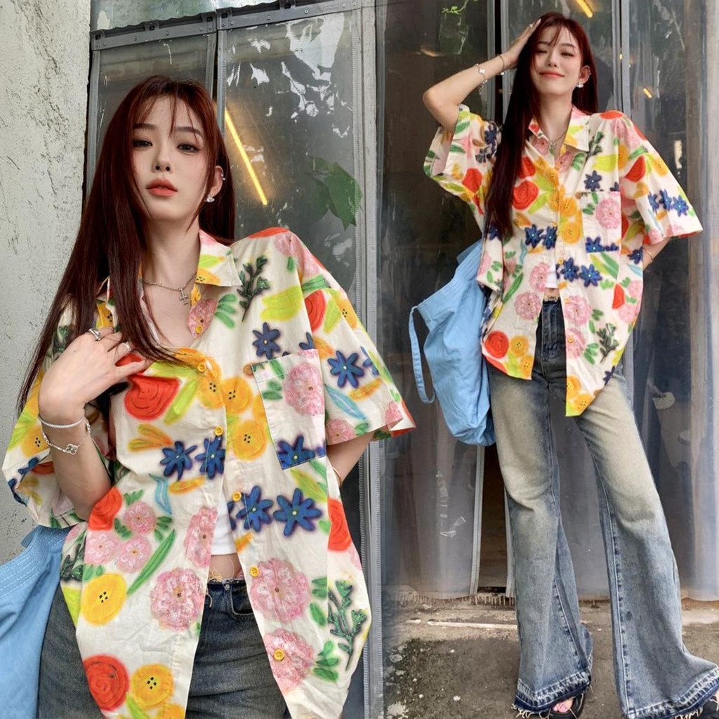 【40-65KG】Hawaiian Shirt Women Blouse Beach Wear Loose Floral Polo Shirt ...