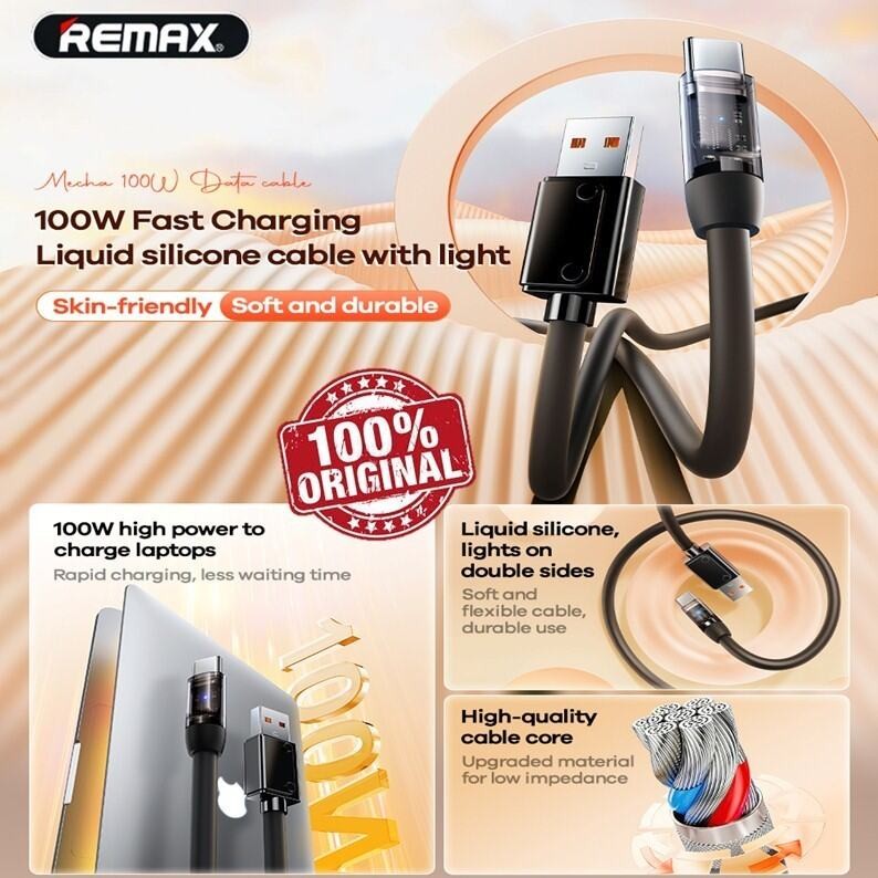 Original Remax 100W Type C Cable with Light Liquid Silicone Fast Charging Data Cable RC-C110 ...