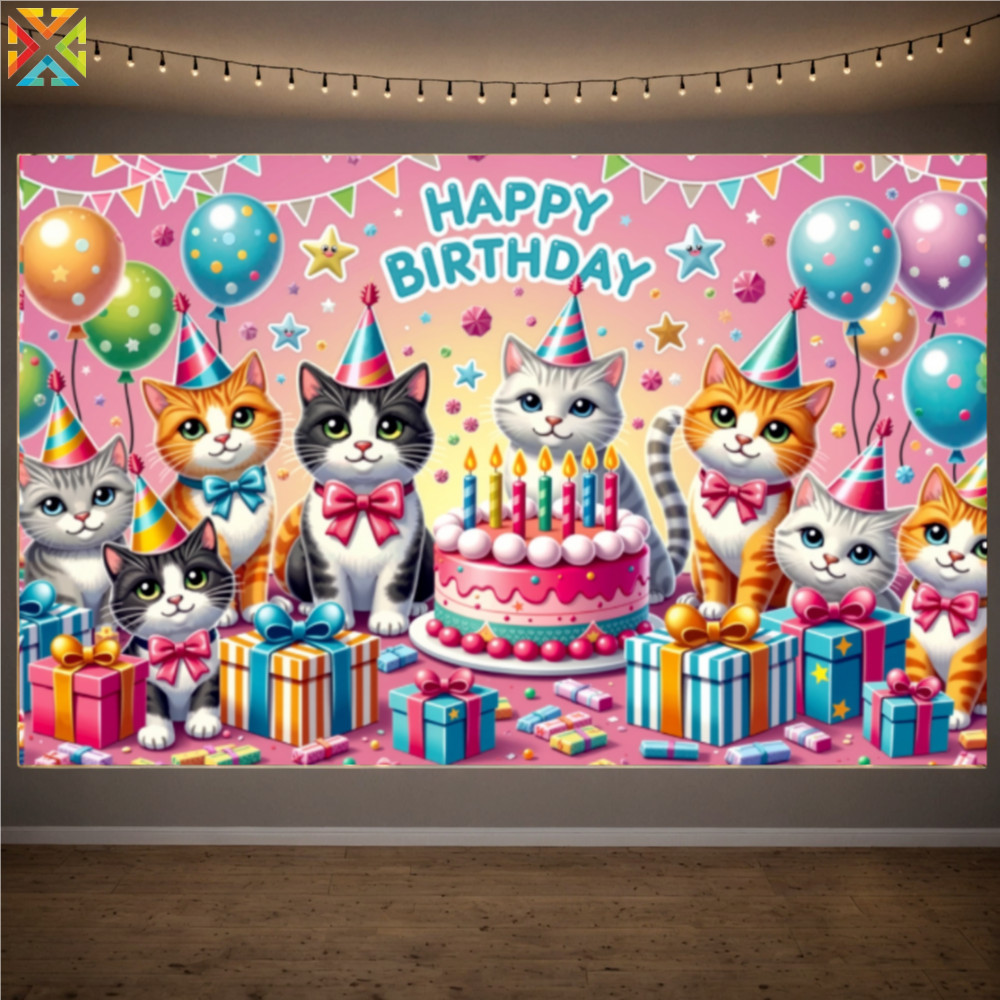 Cat Happy Birthday Backdrop Kitten Photography Background Pet Paw Cat ...