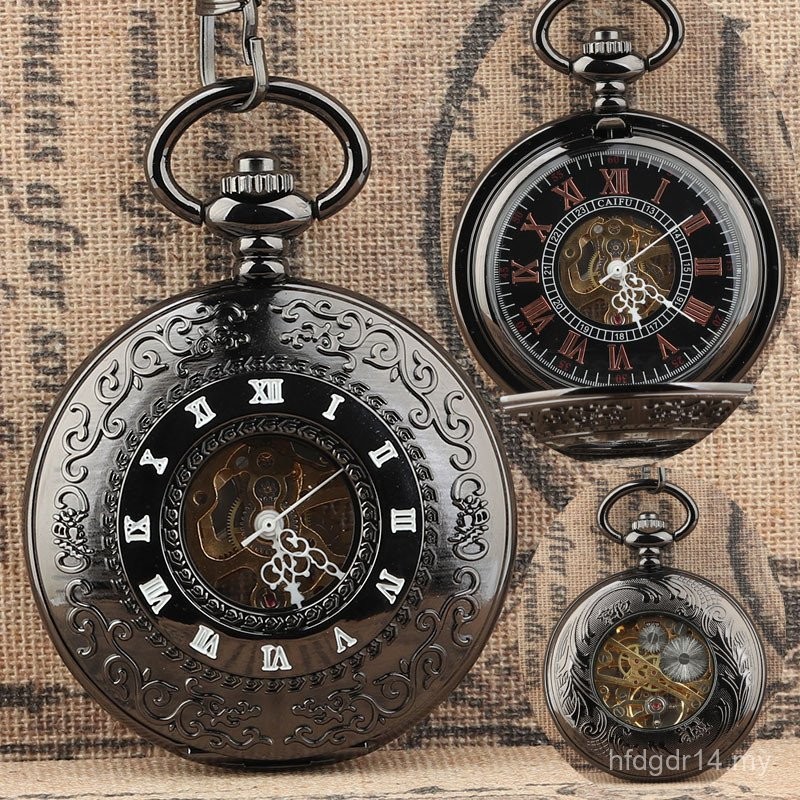 Roman Double Open Fully Automatic Retro Mechanical Pocket Watch Black ...