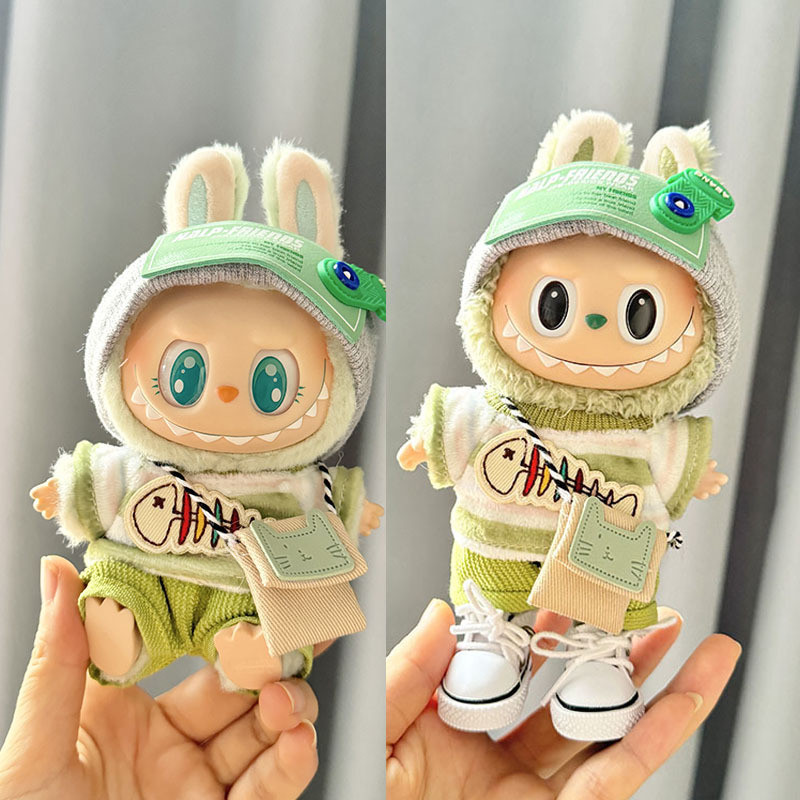 17cm Labubu Clothes Pendant Labubu Doll Green Big Fish Satchel Set ...