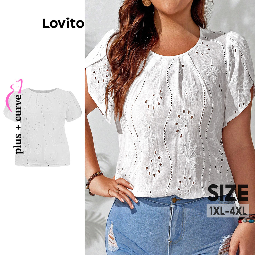 Lovito Plus Size Curve Elegant Plain Eyelet Embroidery Blouse for Women ...