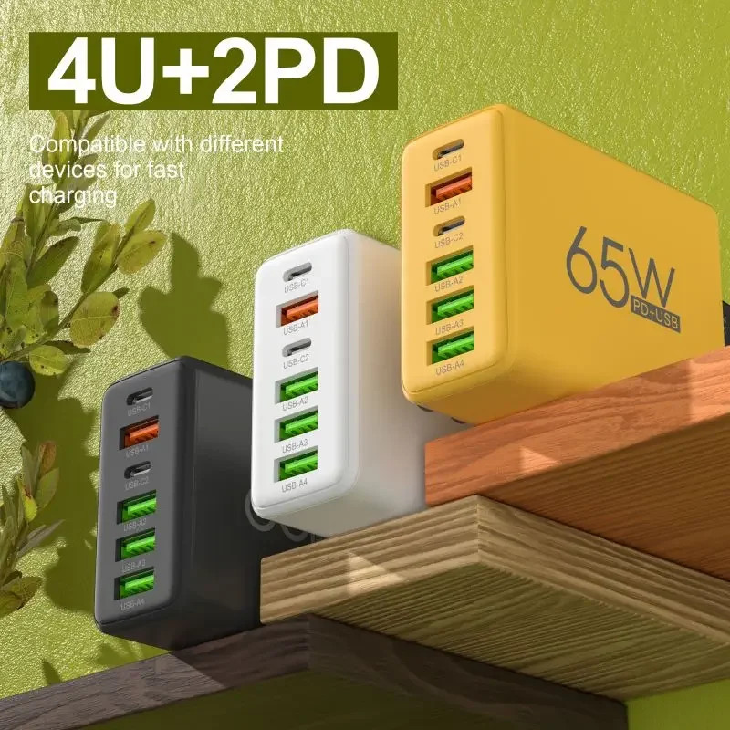 65W PD3.0 Quick Charging 6-in-1 Fast Wall Charger 4-USB 2-Type-c ...