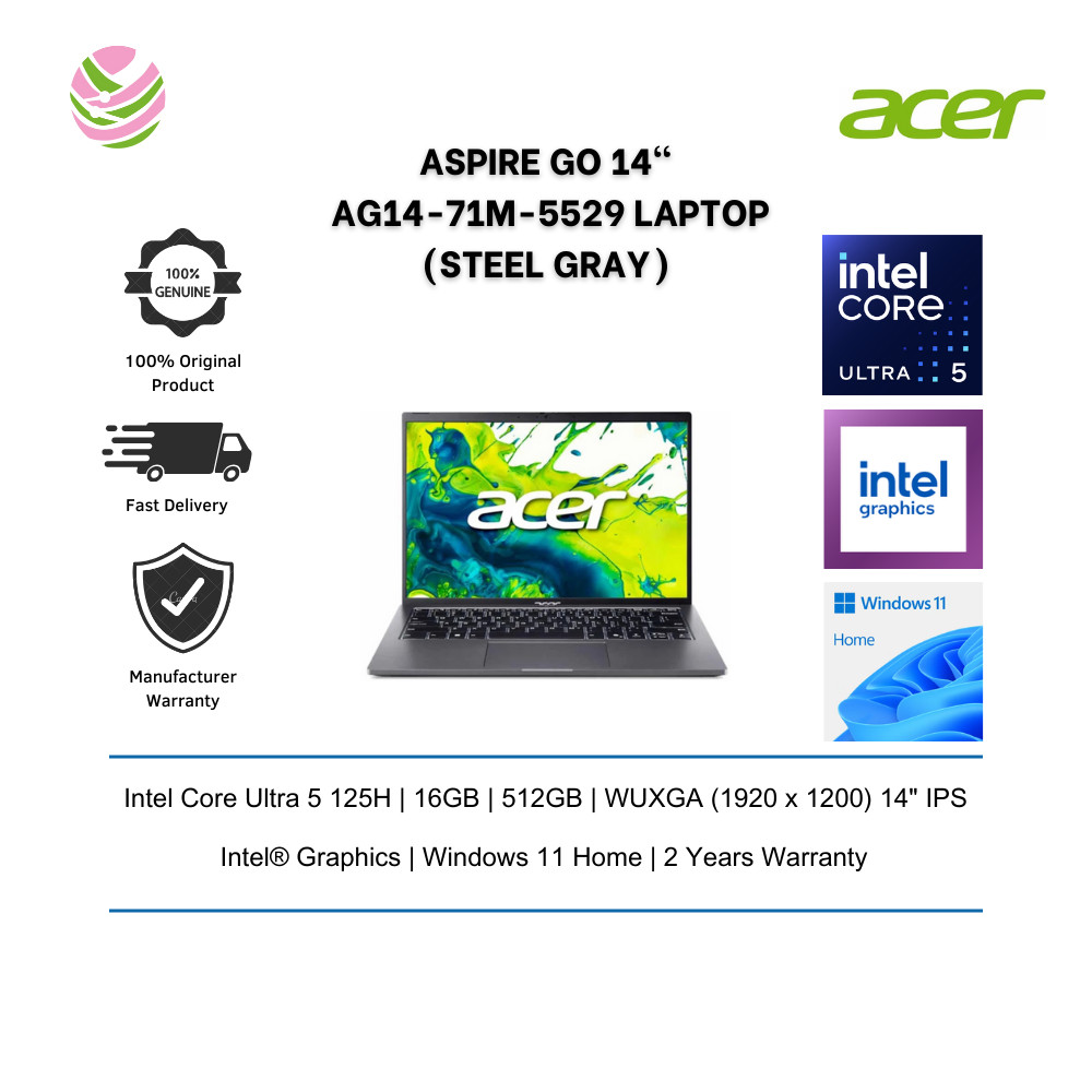 Acer Aspire Go 14 Ai AG14-71M-5529 14" WUXGA Laptop Steel Grey ( CU5-125H, 16GB, 512GB SSD ...