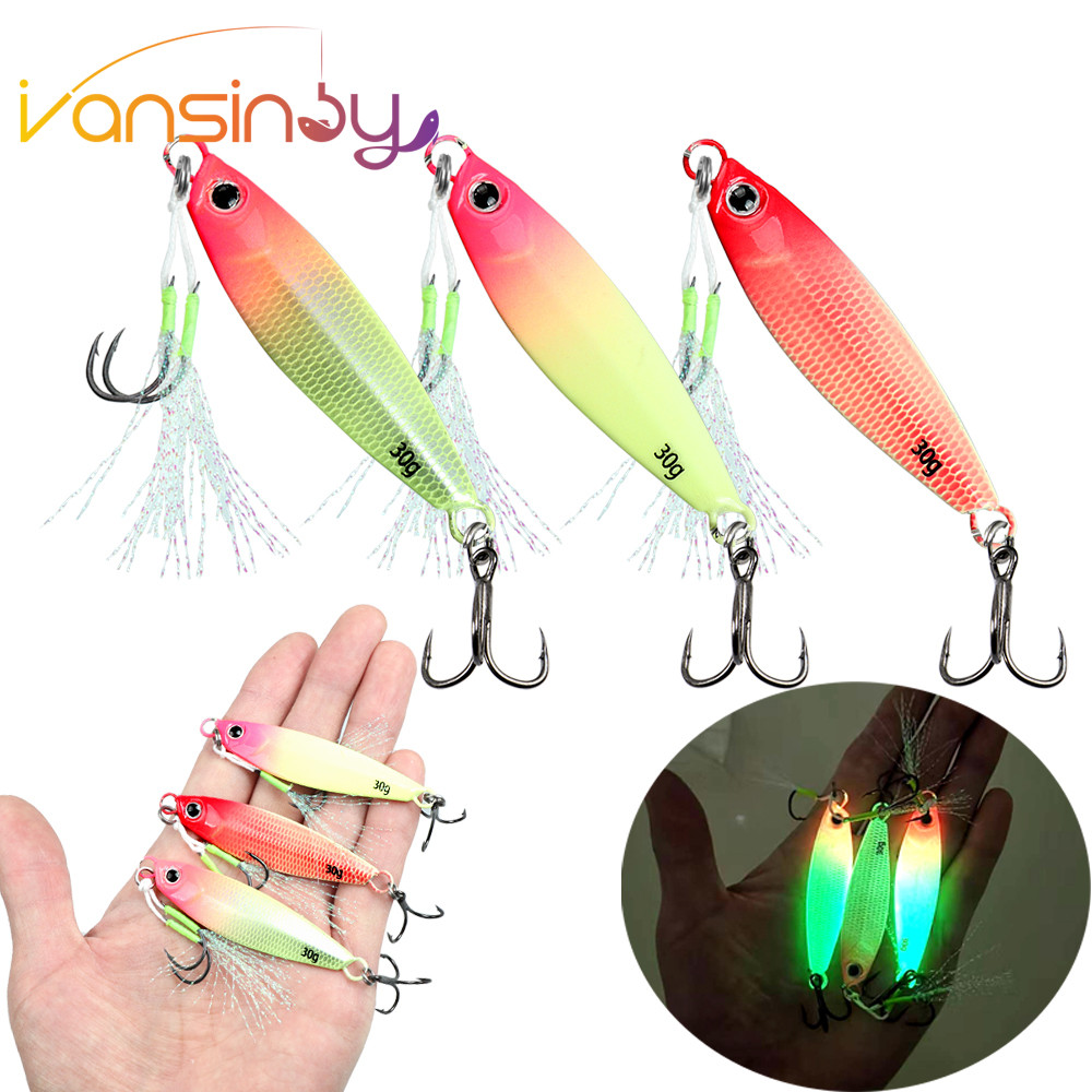 New Fishing Luminous Jigging Hook Spinner Bait 7g/10g/15g/20g/30g/40g Laser Metal Jig Spoon ...