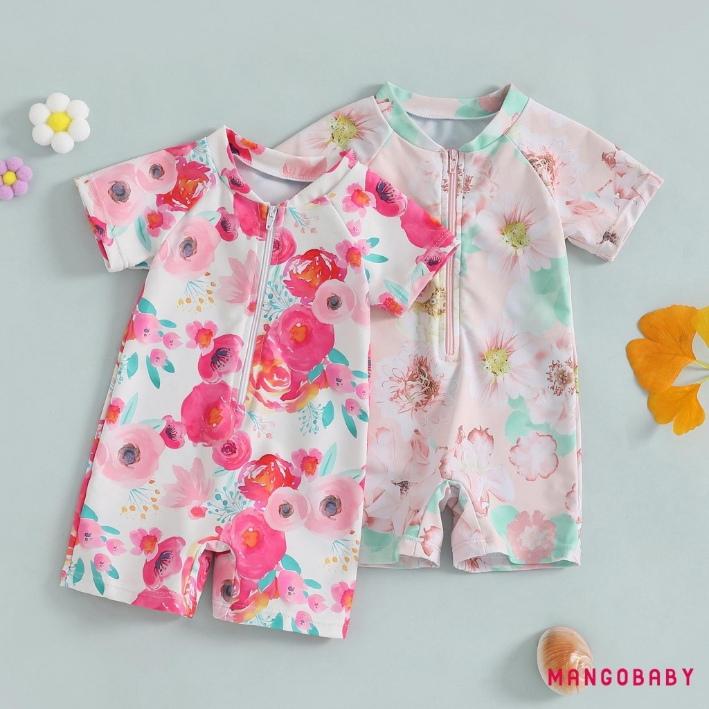 MANGO-Toddler Girls Rash Guard Swimsuit Playsuits Short Sleeve Zipper ...