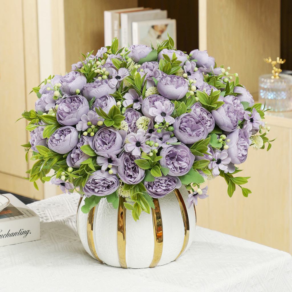 SPE- Vintage Artificial Peony Flower Bouquet Realistic Non-fading Multi ...