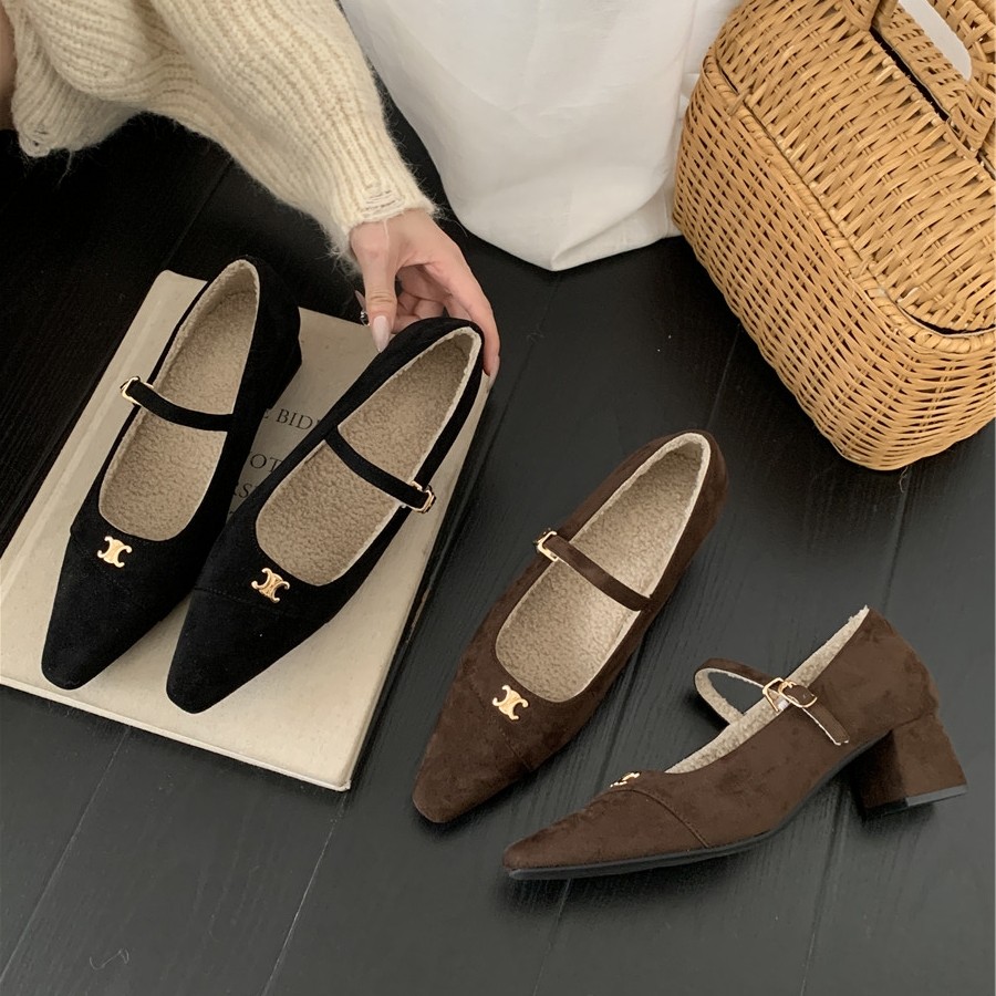 French Style Soft Plush 4 cm Pointed Head Warm Plush Heels (Size 35-40 ...