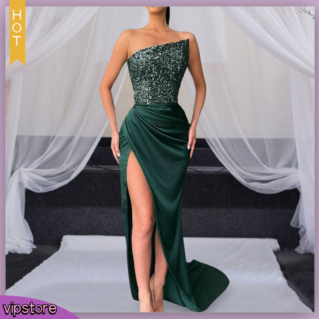 (VIP) High Slit Maxi Dress Women Formal Wear Dress Sparkling Sequin Off ...