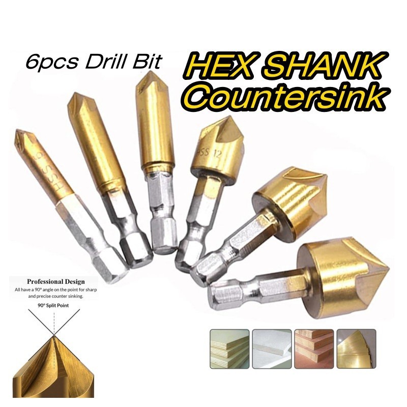 365DIY 6PCS Countersink Drill Bit Set 1/4'' Hex Shank 90 Degree Wood ...
