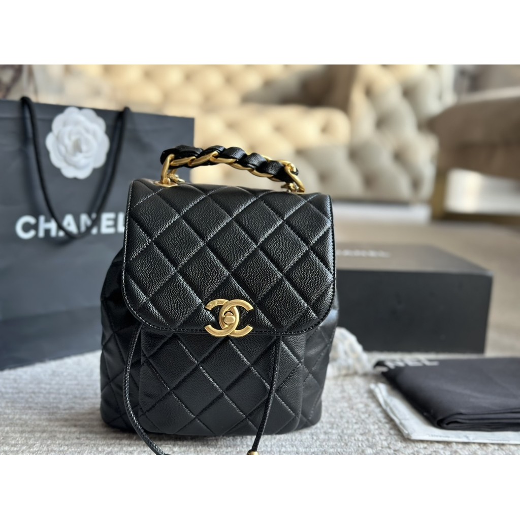 (with Box) New Caviar Postman Backpack Women's Fashion Style Gold ...