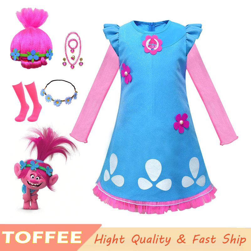 Trolls Poppy Flower Dress For Kids Girl Halloween Cosplay Costume ...