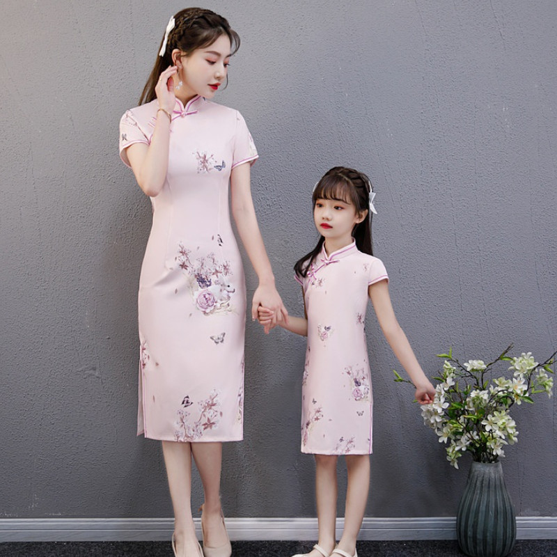 Pink Cheongsam Dress Mother Daughter The Same Style Long Dresses CNY ...